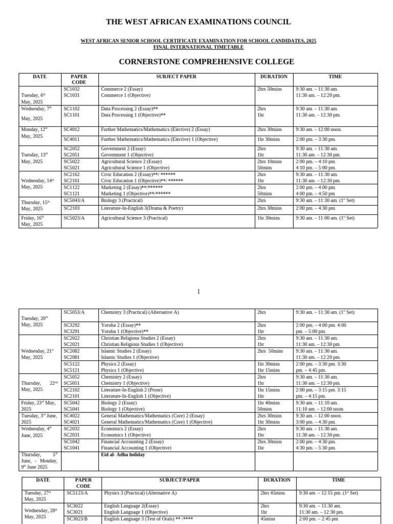 2025 WASSCE Timetable Overview | PDF
