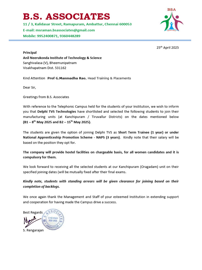 BSA Letter - ANITS - Offer Letter | PDF | Cinema Of India