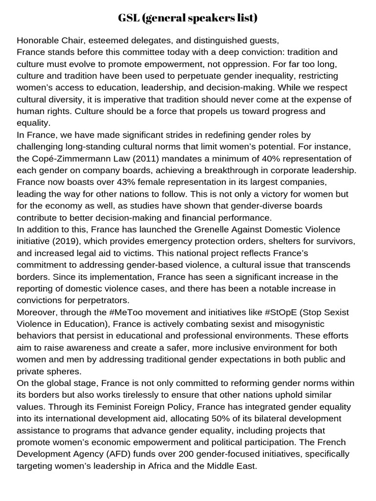 GSL (General Speakers List) | PDF | Gender Studies | Gender Equality