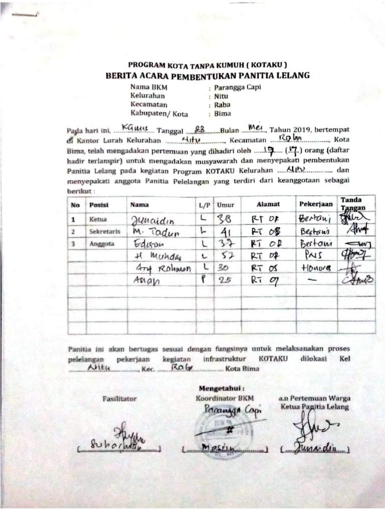Berita Acara Pembentukan Lelang BKM Parangga Capi Kel Nitu | PDF