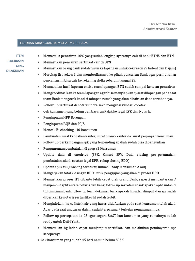 Laporan 21 Maret 2025 - Uci Nindia Risa | PDF