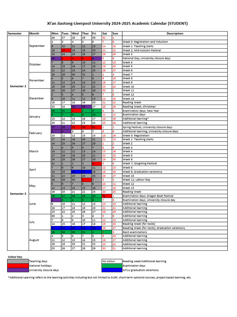 Xjtlu Academic Calendar - Student - 202425 | PDF | Educational Institutions | Academia