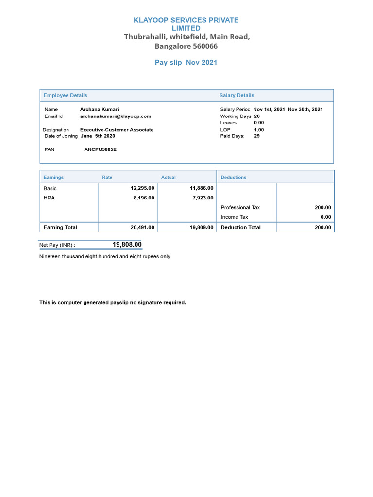 Archana Kumari - Payslip - 2021 Nov. | PDF