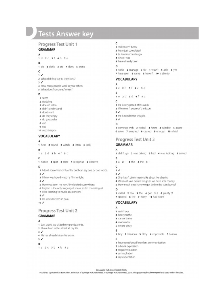 Progress Tests and Skills Tests Answer Key | PDF