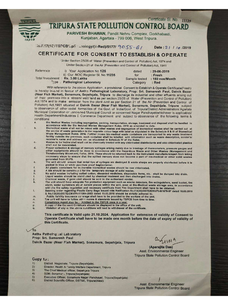 Photocopy of Last Years Consent Certificate | PDF
