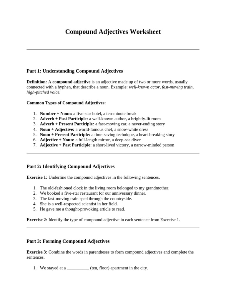 Compound Adjectives Worksheet | PDF | Adjective | Adverb