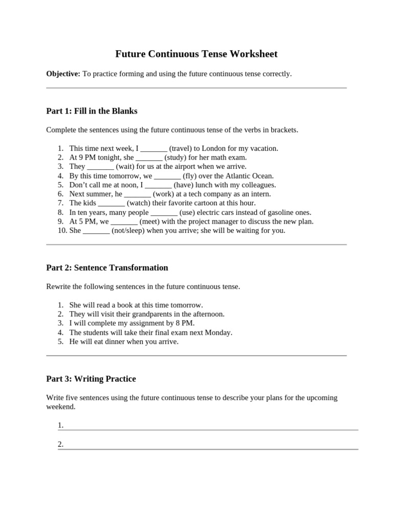 Future Continuous Tense Worksheet | PDF
