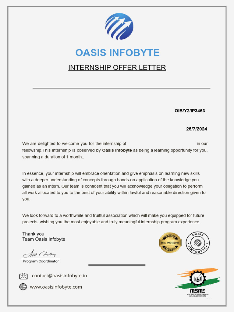 Oasis Infobyte Internship Offer Letter | PDF