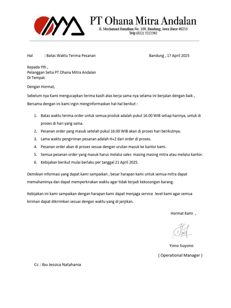 Surat Pemberitahuan Batas Pesanan Order | PDF