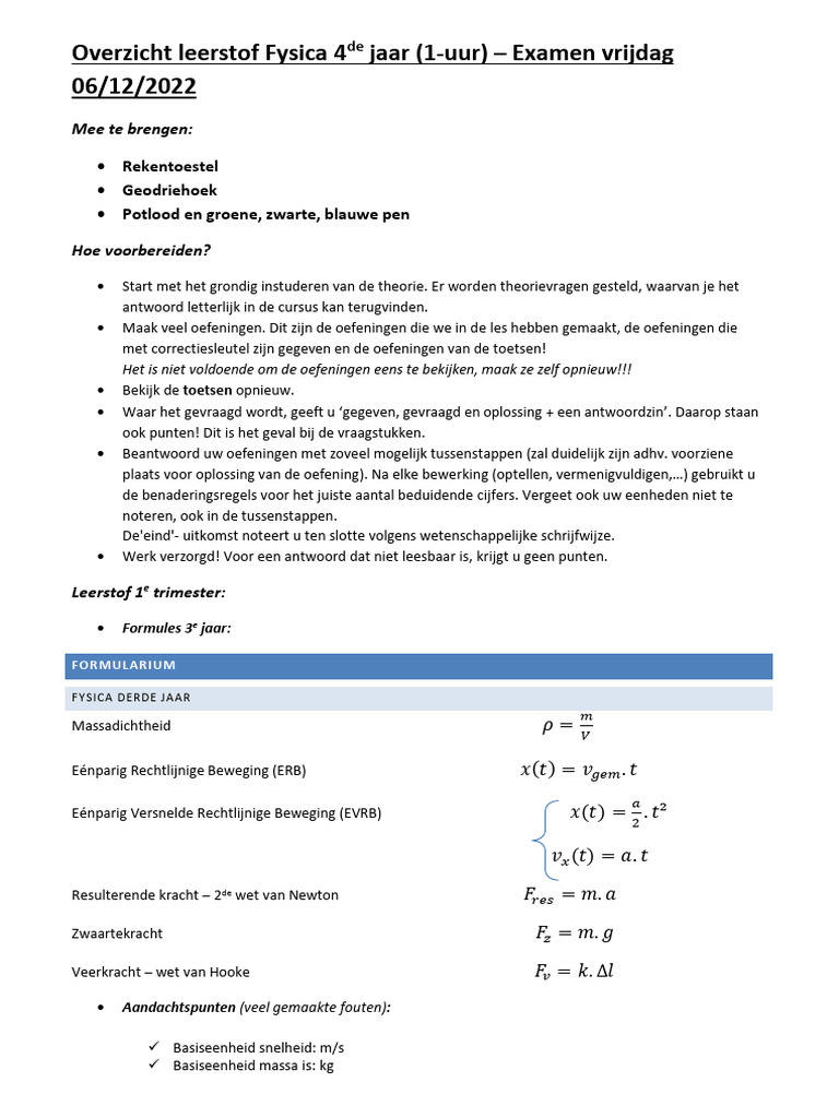 2024 Overzicht Leerstof Fysica 1 Uurs | PDF