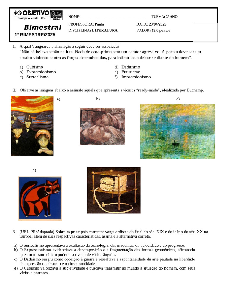 Avaliação Literatura - Exemplo | PDF | Expressionismo | Surrealismo