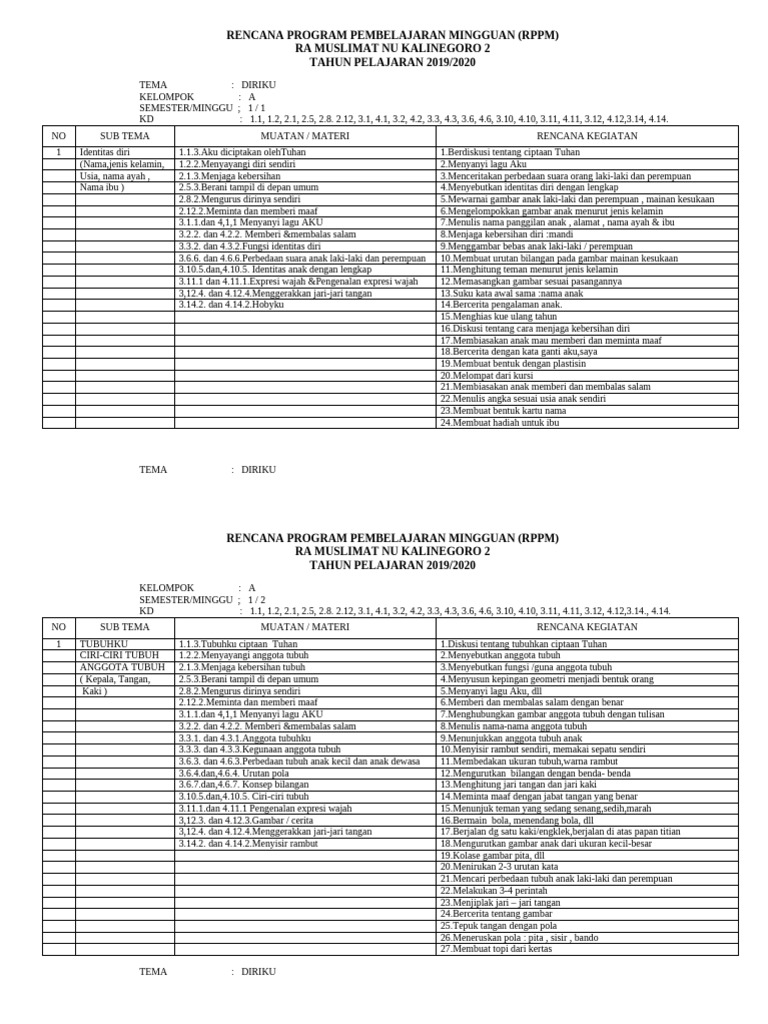 RPPM Tema Diriku dan Lingkunganku | PDF