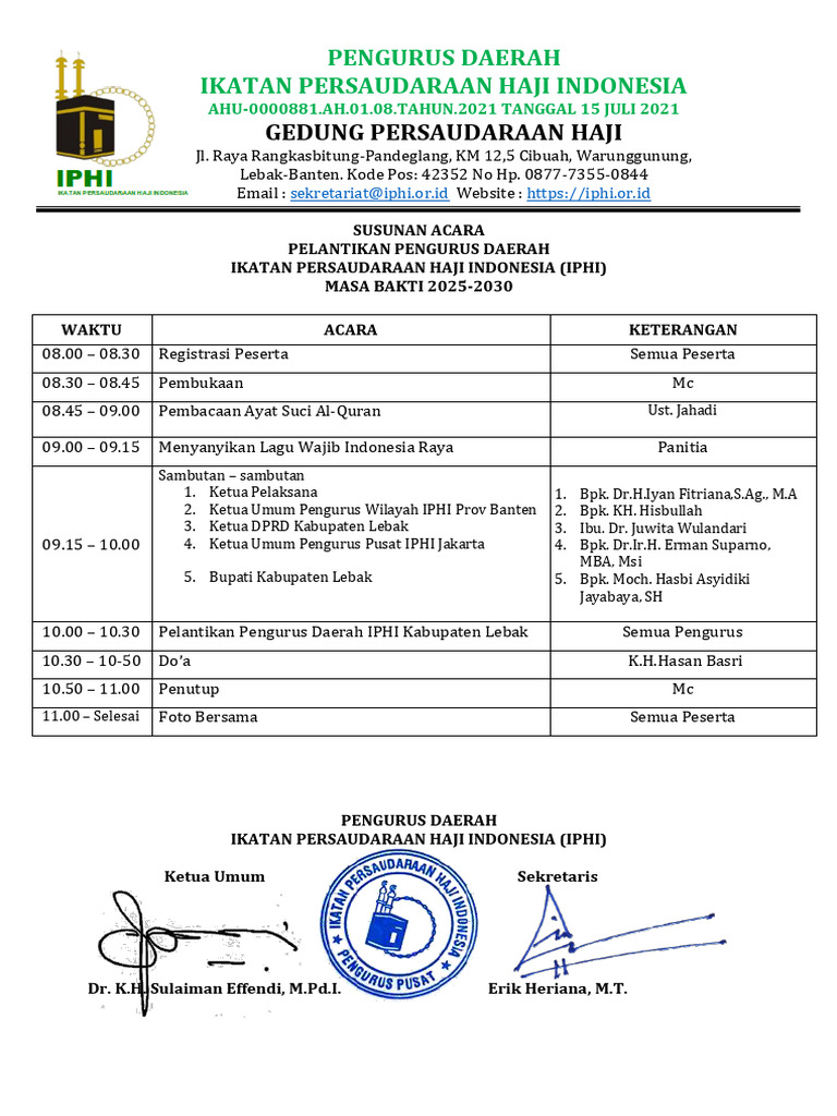 Susunan Acara Pelantikan Pengurus Daerah Iphi | PDF