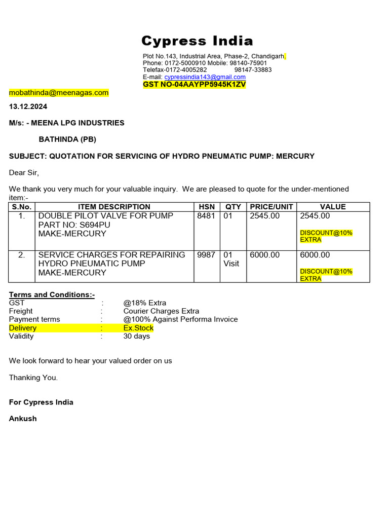 Quotation - Meena LPG Industries 13.12.24 PUMP | PDF