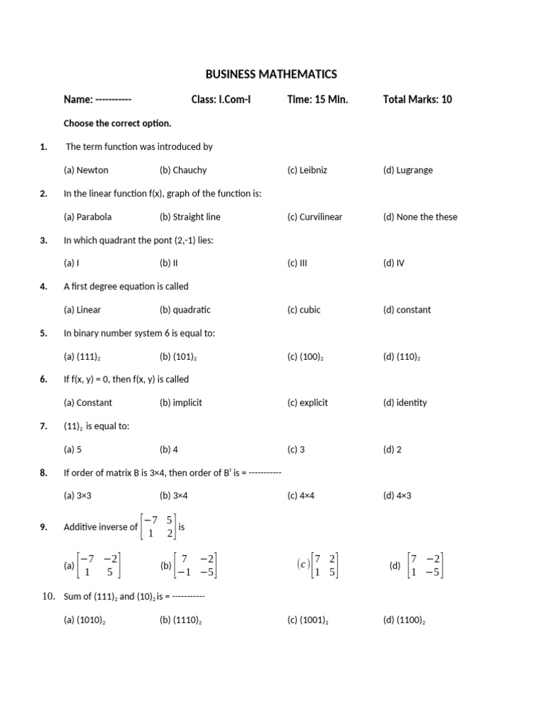 Business Mathematics Exam Questions | PDF | Function (Mathematics ...