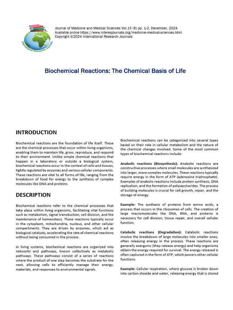 Biochemical Reactions The Chemical Basis of Life | PDF | Enzyme ...