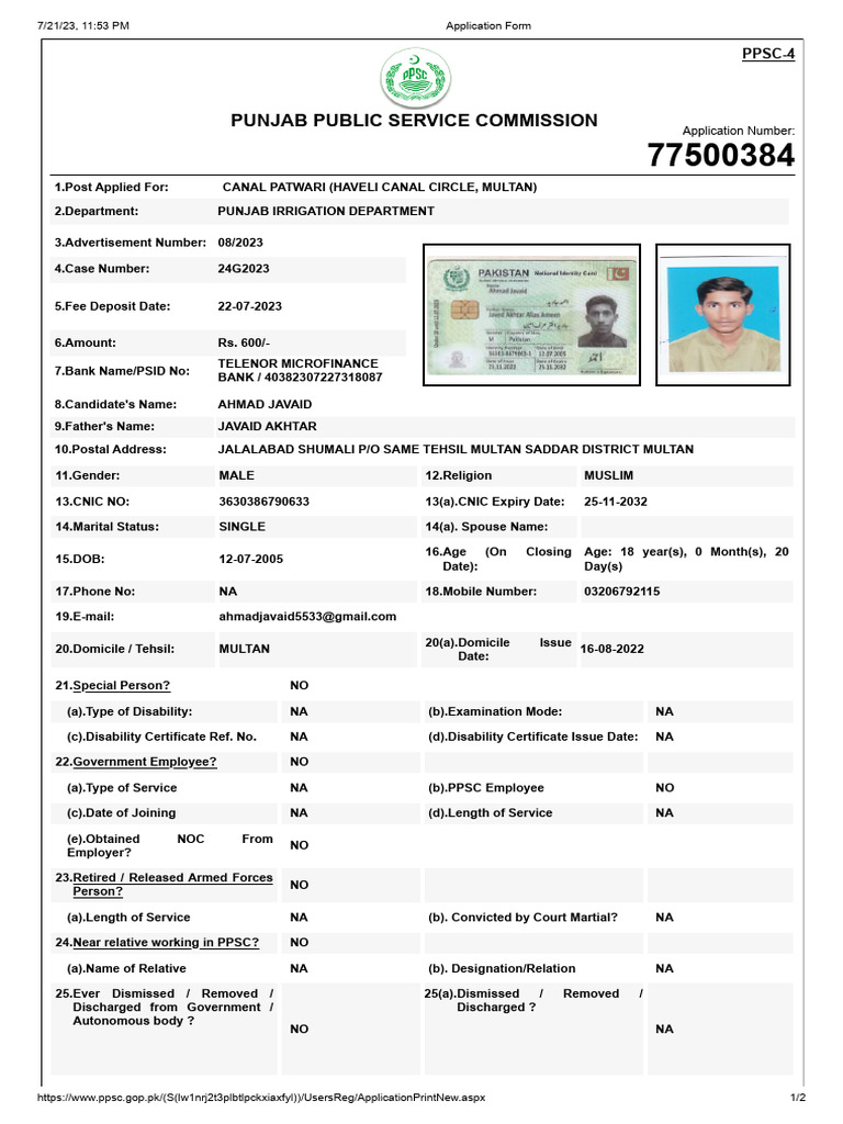 PPSC Canal Patwari Application Form | PDF