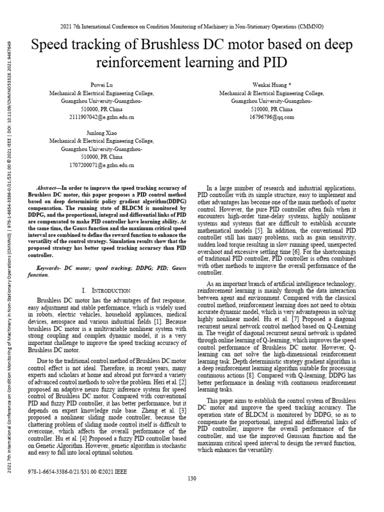 Speed Tracking of Brushless DC Motor Based On Deep Reinforcement Learning and PID | PDF ...