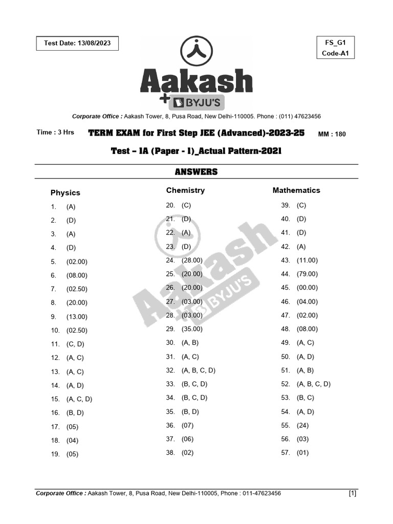 TE-1A - FSG1 - Paper-1 - (JEE Adv.) - 2023-24 - (13-08-2023) - SOL ...
