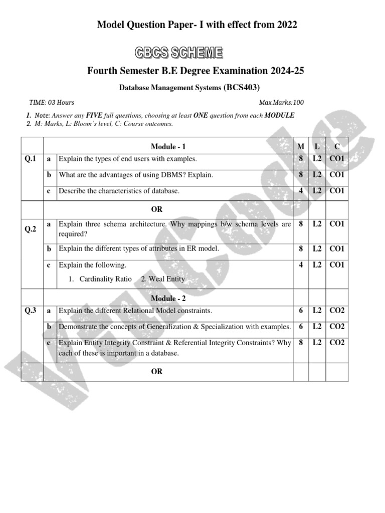 BCS403 Model Set 1 Paper | PDF | Relational Model | Relational Database