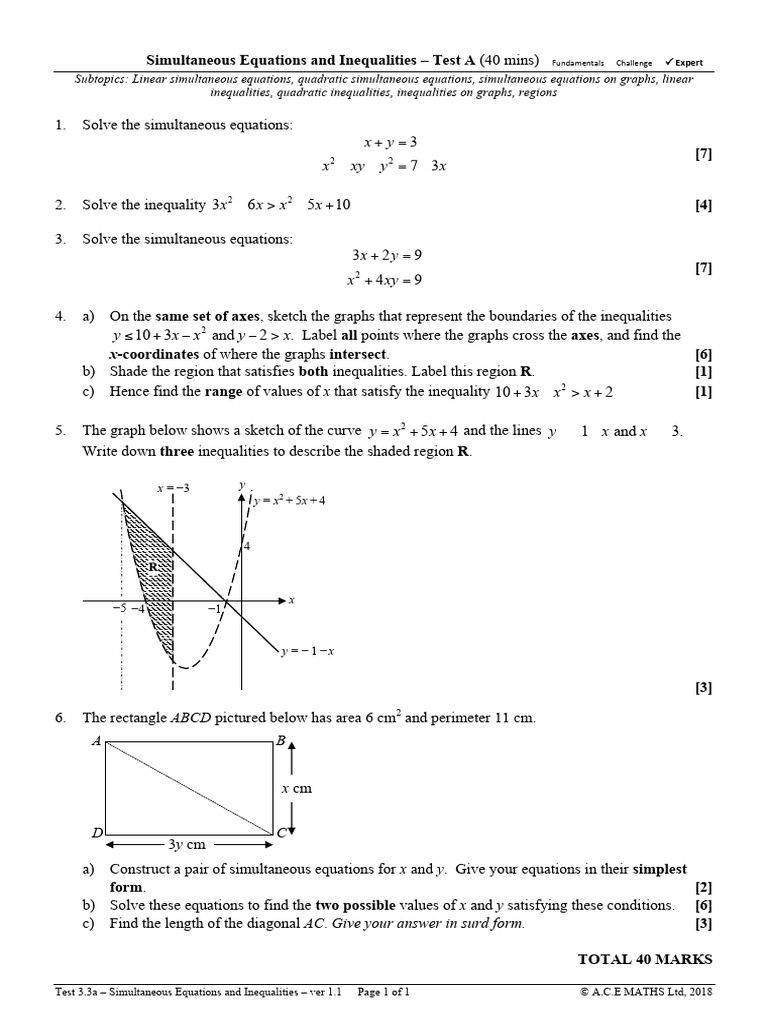 Test 3.3a - Simultaneous Equations and Inequalities | PDF | Equations ...