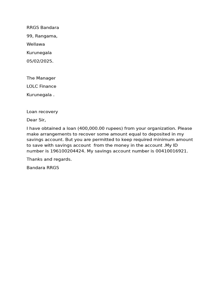 Loan Recovery Request Letter LOLC | PDF