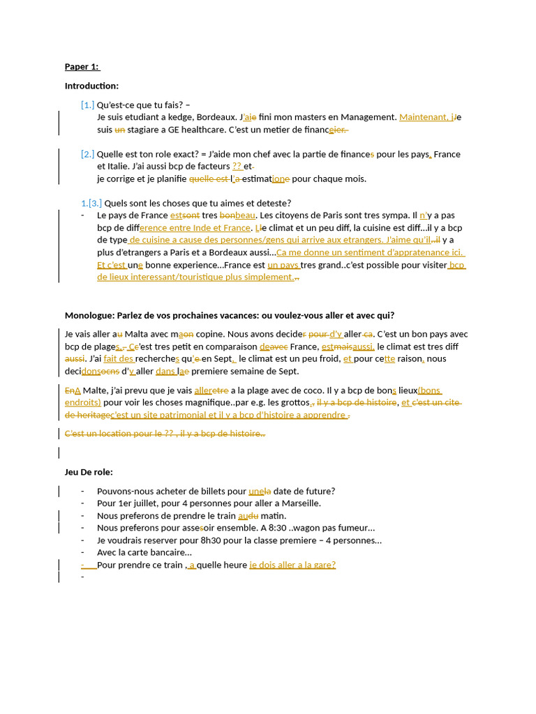 DELF A1 Paper 1 - production orale - corrections | PDF