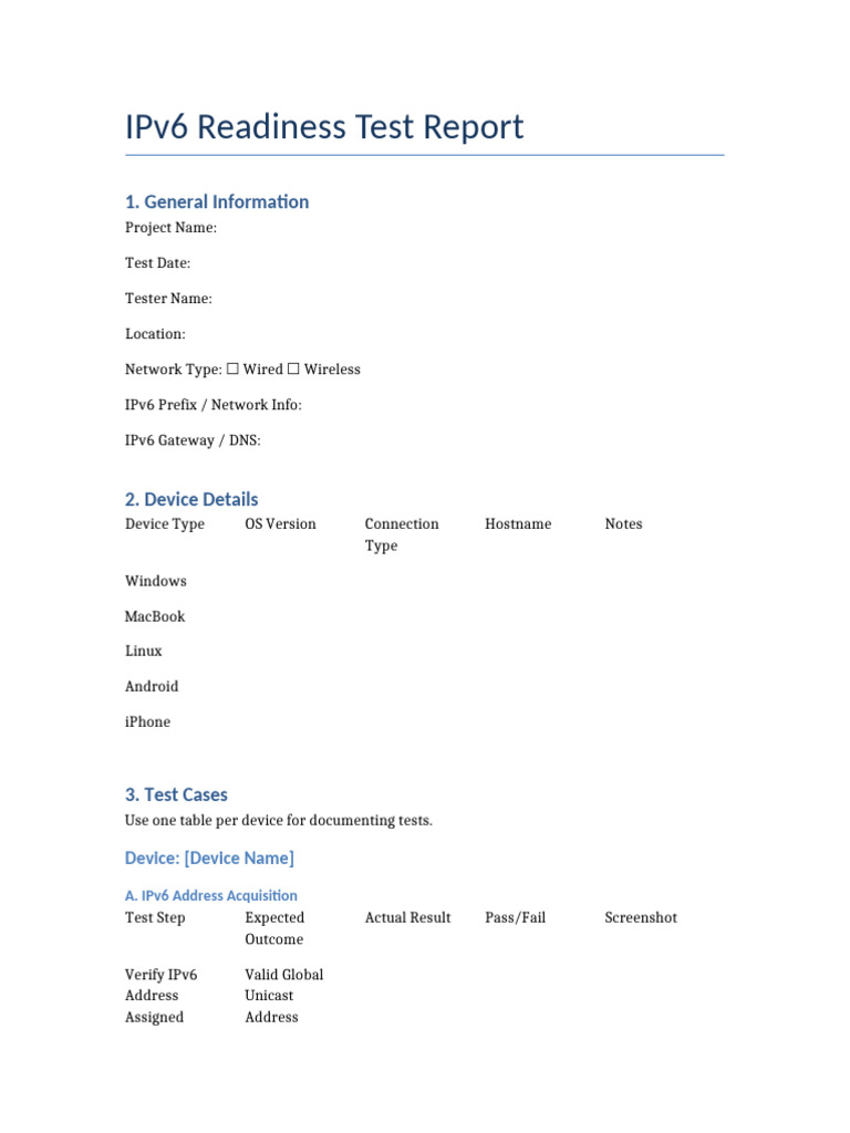 IPv6 Readiness Test Template | PDF