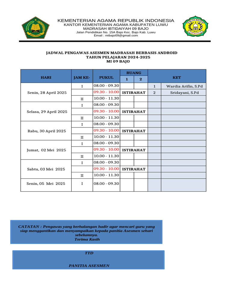 10. JADWAL PENGAWAS 2024-2025 | PDF