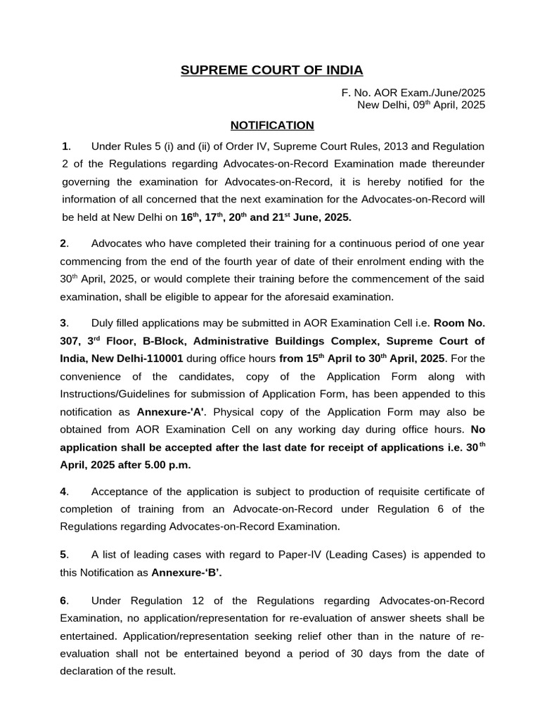AOR Examination Notification 2025 | PDF | Advocate | Lawyer