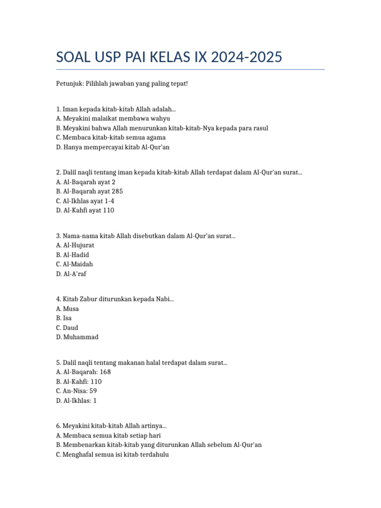 Soal Usp Pai Kelas Ix | PDF