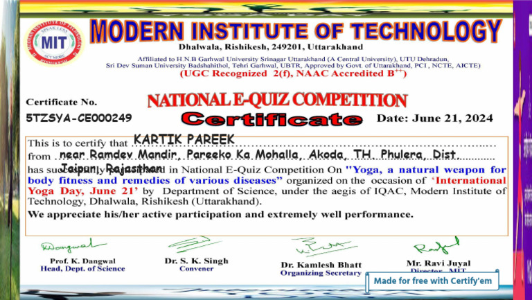 Certificate For KARTIK PAREEK For - INTERNATIONAL YOGA DAY | PDF