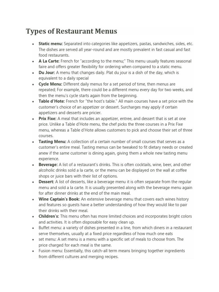 Types of Restaurant Menu | PDF | Menu | Meal