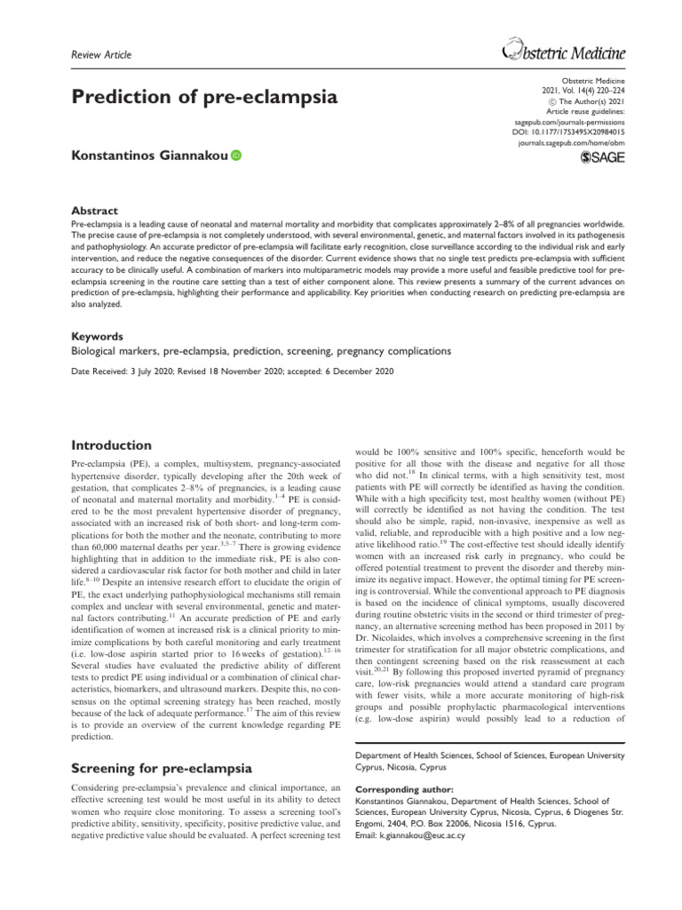 Prediction of Pre-Eclampsia | PDF | Biomarker | Pregnancy