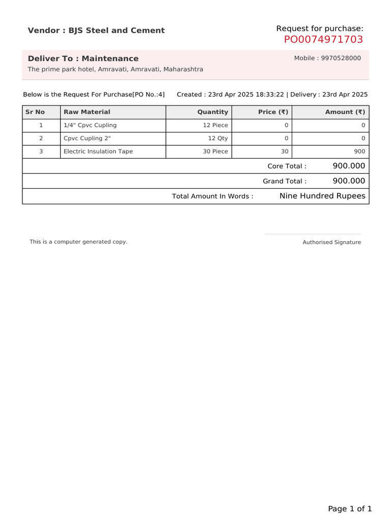Purchase Order for BJS Steel and Cement | PDF