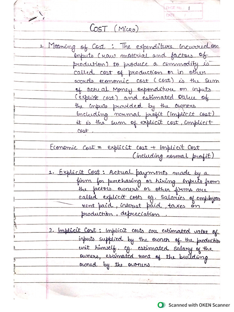 Cost - Notes Class 11 Economics | PDF