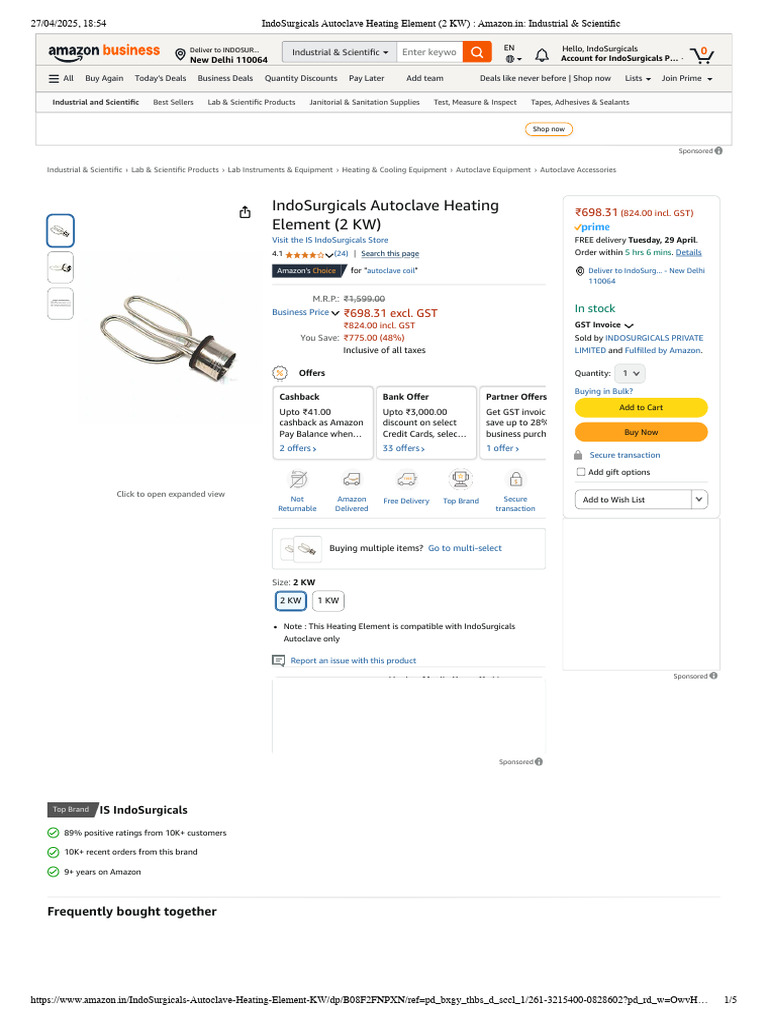 IndoSurgicals Autoclave Heating Element (2 KW) - Amazon - in ...