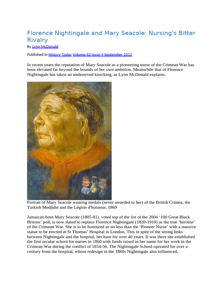 Nightingale vs. Seacole: Nursing's Debate | PDF | Florence Nightingale