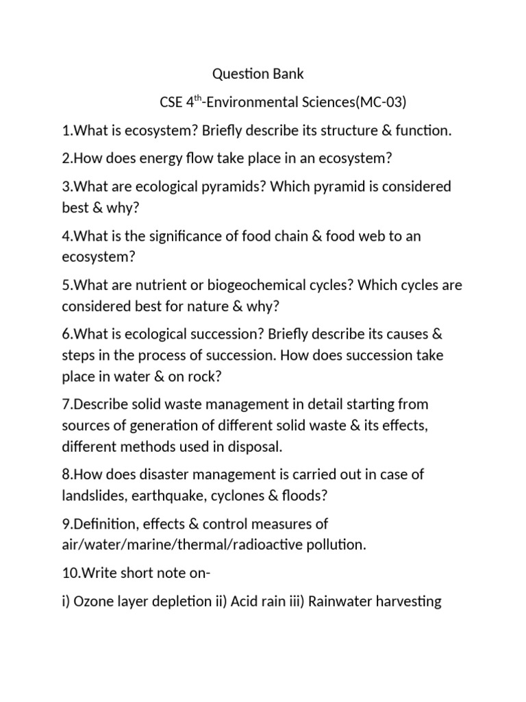 Environmental Sciences Question Bank | PDF