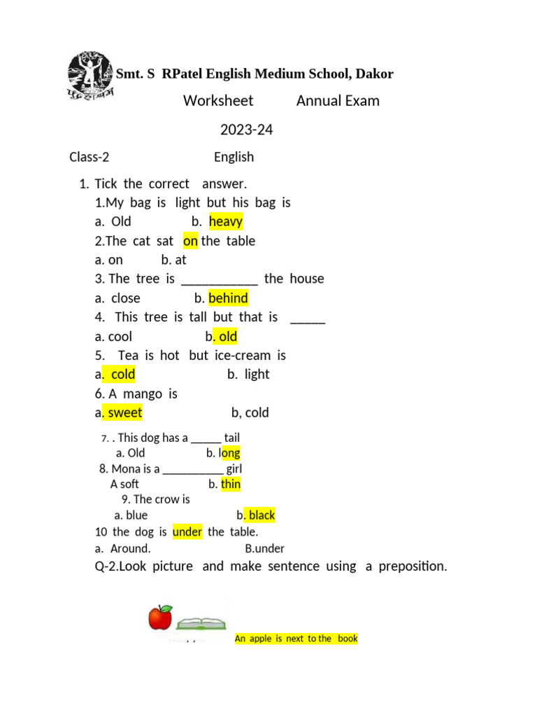 Class-2 English Worksheet 23-24 | PDF