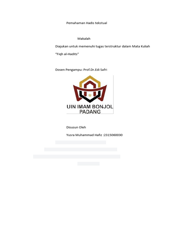 Yusra Muhammad Hafiz Fikih AL HADIS Pemahaman Hadis Tekstual | PDF
