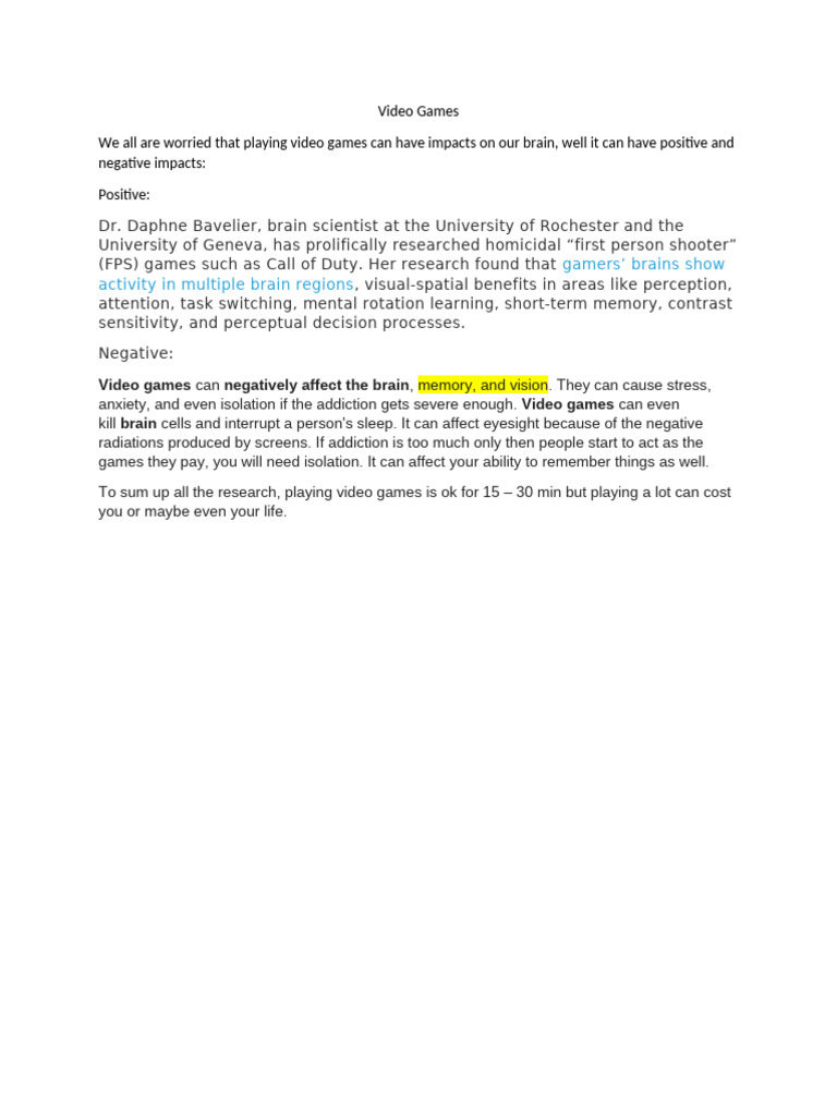 Impact of Video Games on Brain Health | PDF