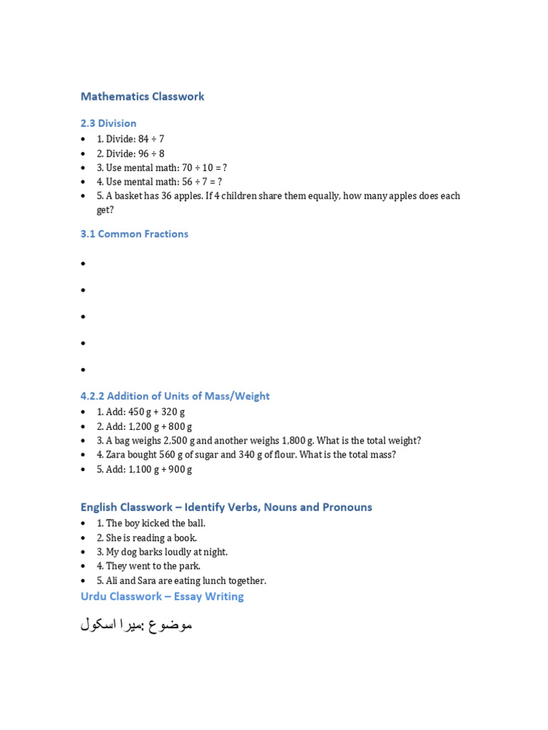 Grade4 Classwork Worksheet A | PDF