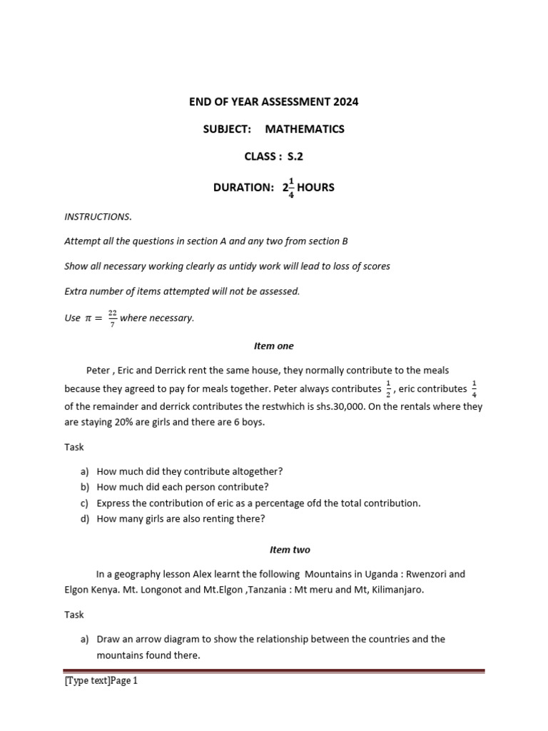 S.2 Mathematics End of Year Assessment 2024 | PDF