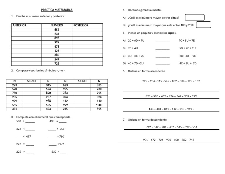 Ficha de Ordenar y Comparar Numeros | PDF