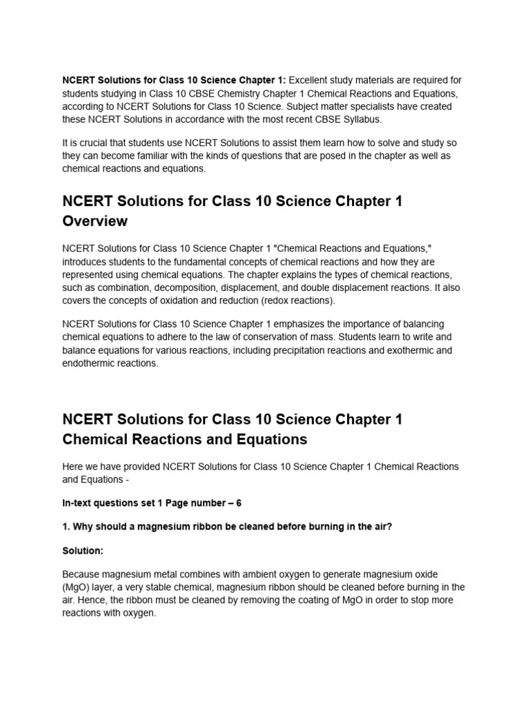 NCERT Solutions For Class 10 Science Chapter 1 | PDF | Chemical Reactions | Iron