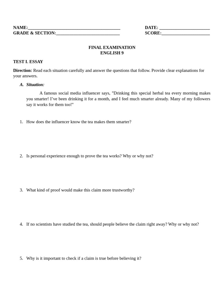 English 9 FINAL EXAM | PDF