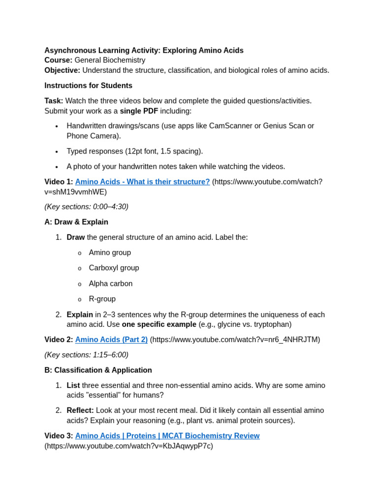 Asynchronous Learning Activity Amino Acid | PDF