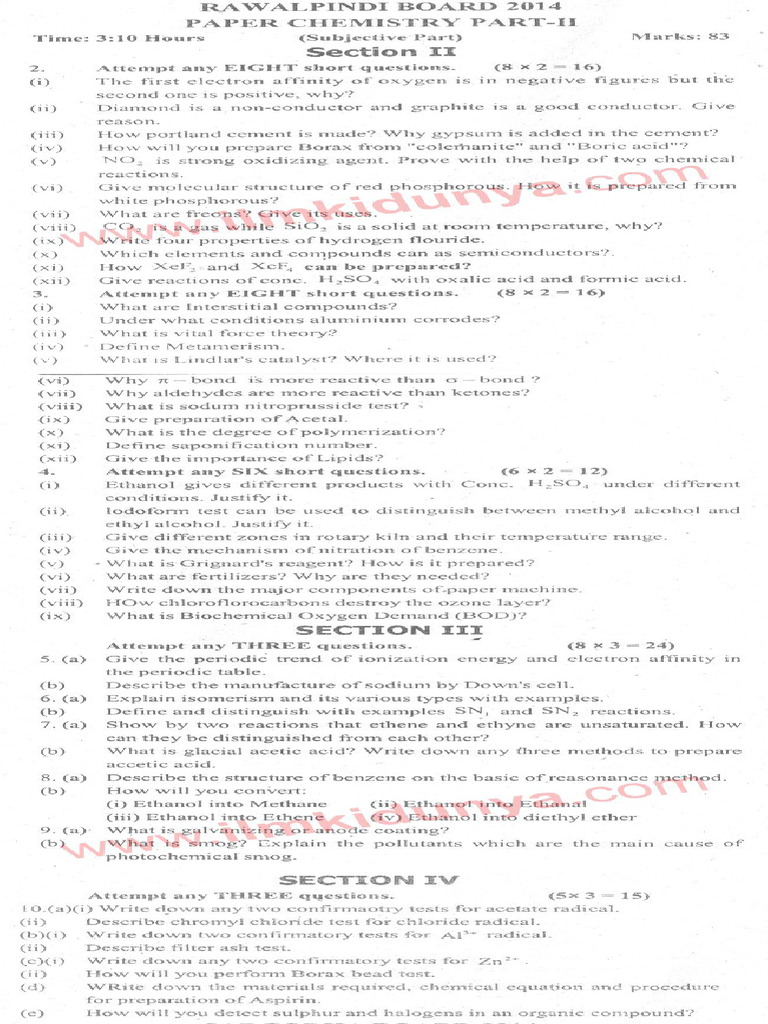 Past Papers 2014 Rawalpindi Board FSC Part 2 Chemistry Subjective | PDF