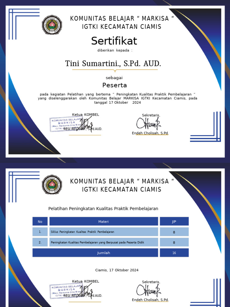 Sertifikat Pelatihan Pembelajaran Ciamis | PDF